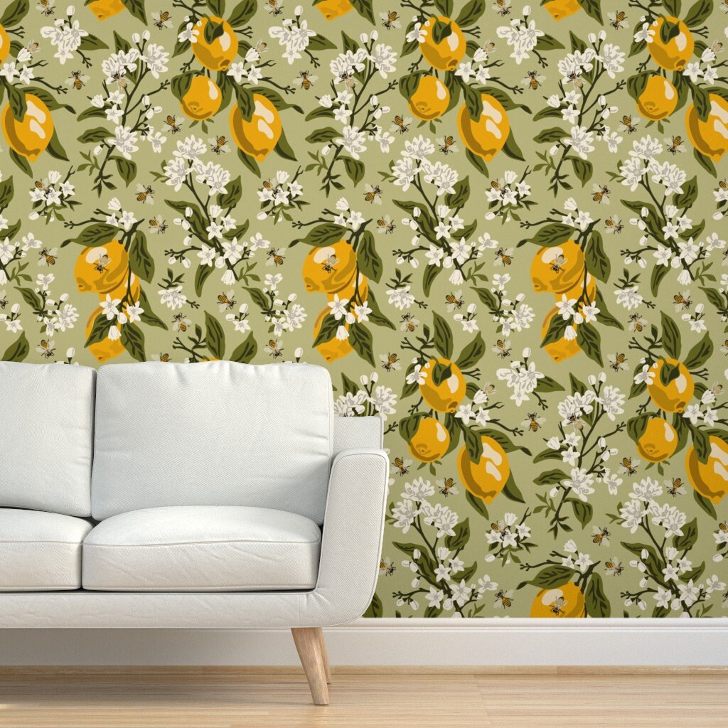 Bees Wallpaper Bees and Lemons by Fernlesliestudio Green | Etsy