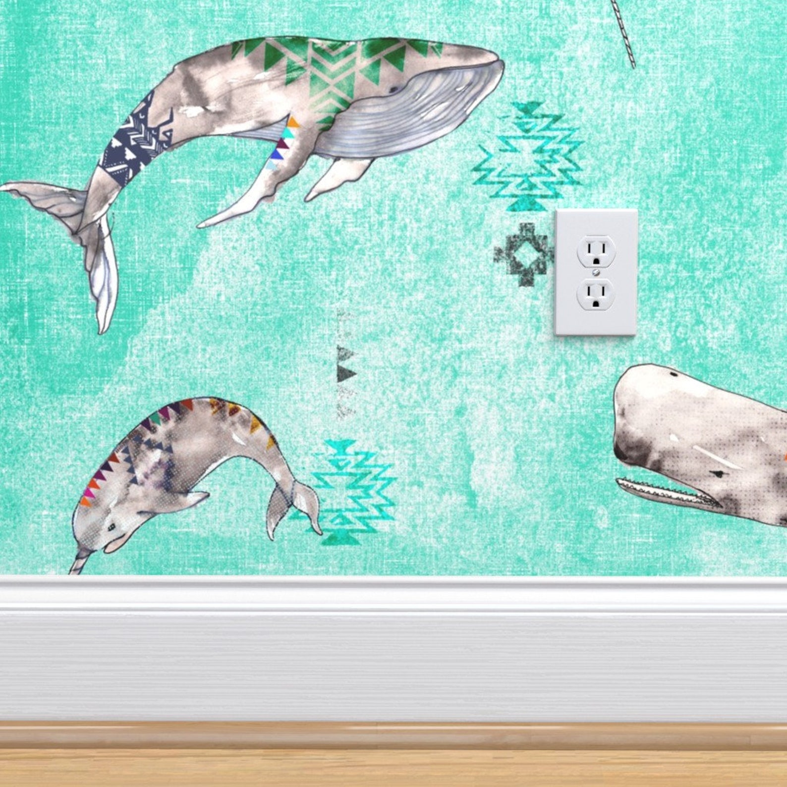 Boho Whale Wallpaper whale Tribe Small Aqua by Nouveau | Etsy