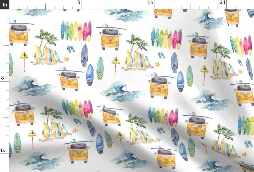Surf Fabric - Surf's up by Hipkiddesigns - White Pink Green Watercolor ...