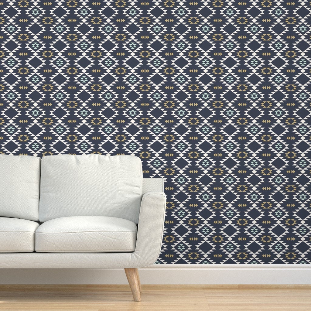 Navajo Wallpaper Navajo Dark Blue Mint Gold by Kimsa - Etsy