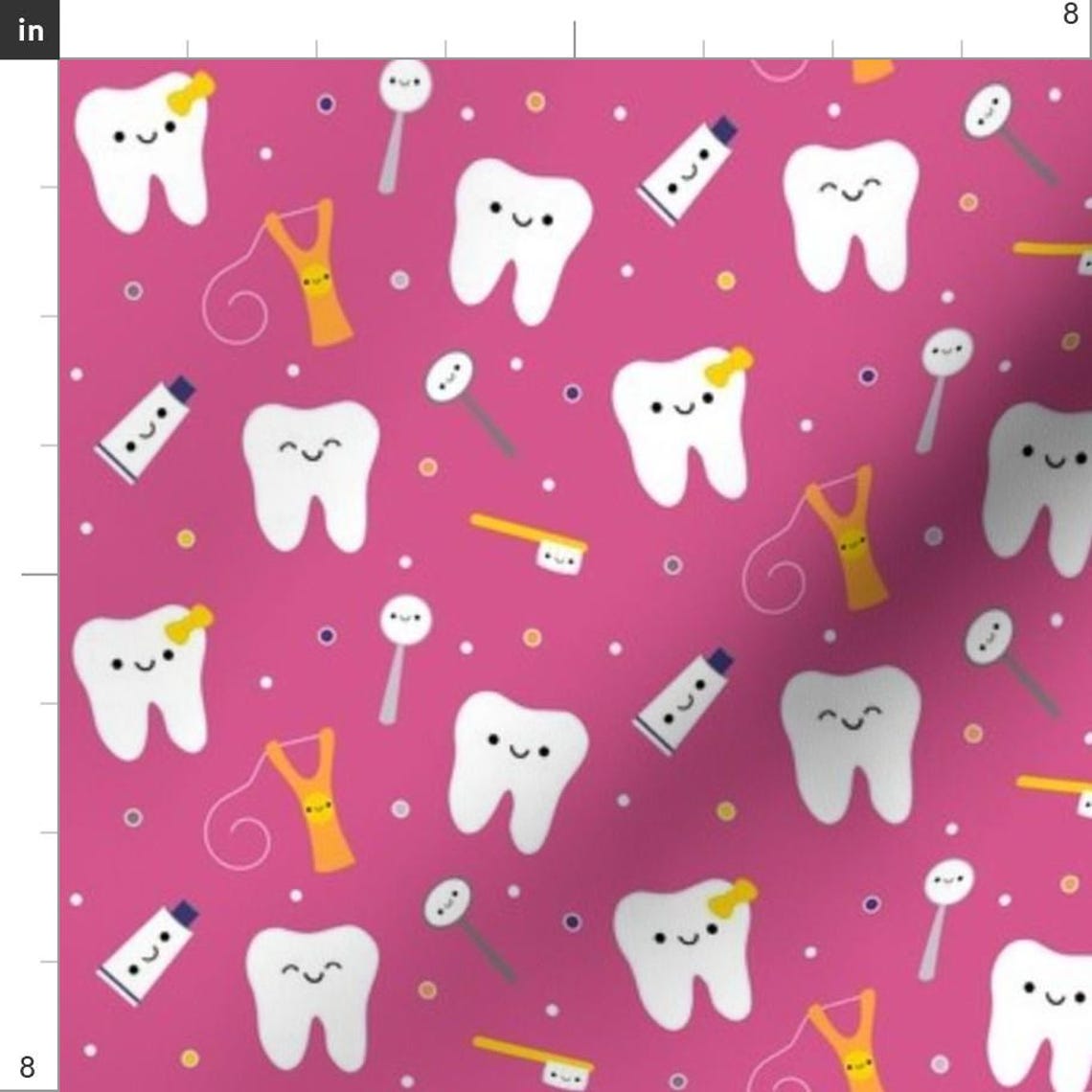 Tooth Fabric - Happy Teeth Friends - Dark Pink by Clayvision ...