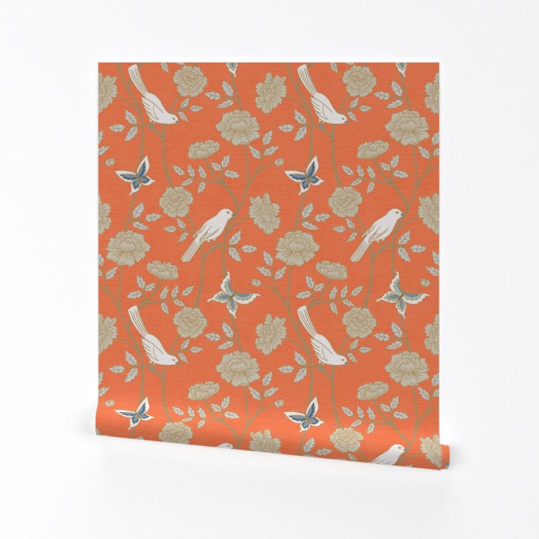 Orange Chinoiserie Removable Peel and Stick Wallpaper - Peony Botanical ...