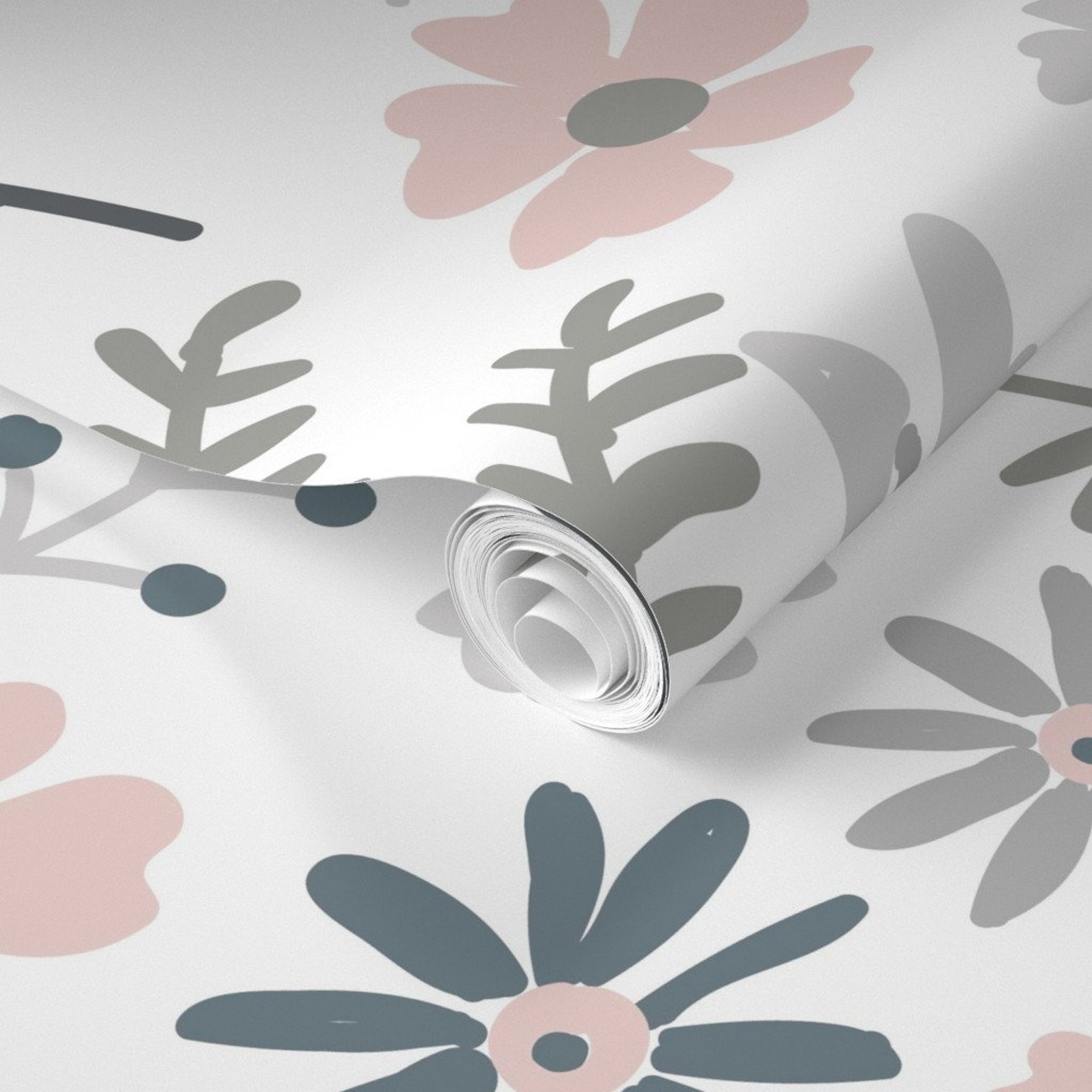 Floral Wallpaper Gray and Pink Flowers by Beesweet Floral - Etsy