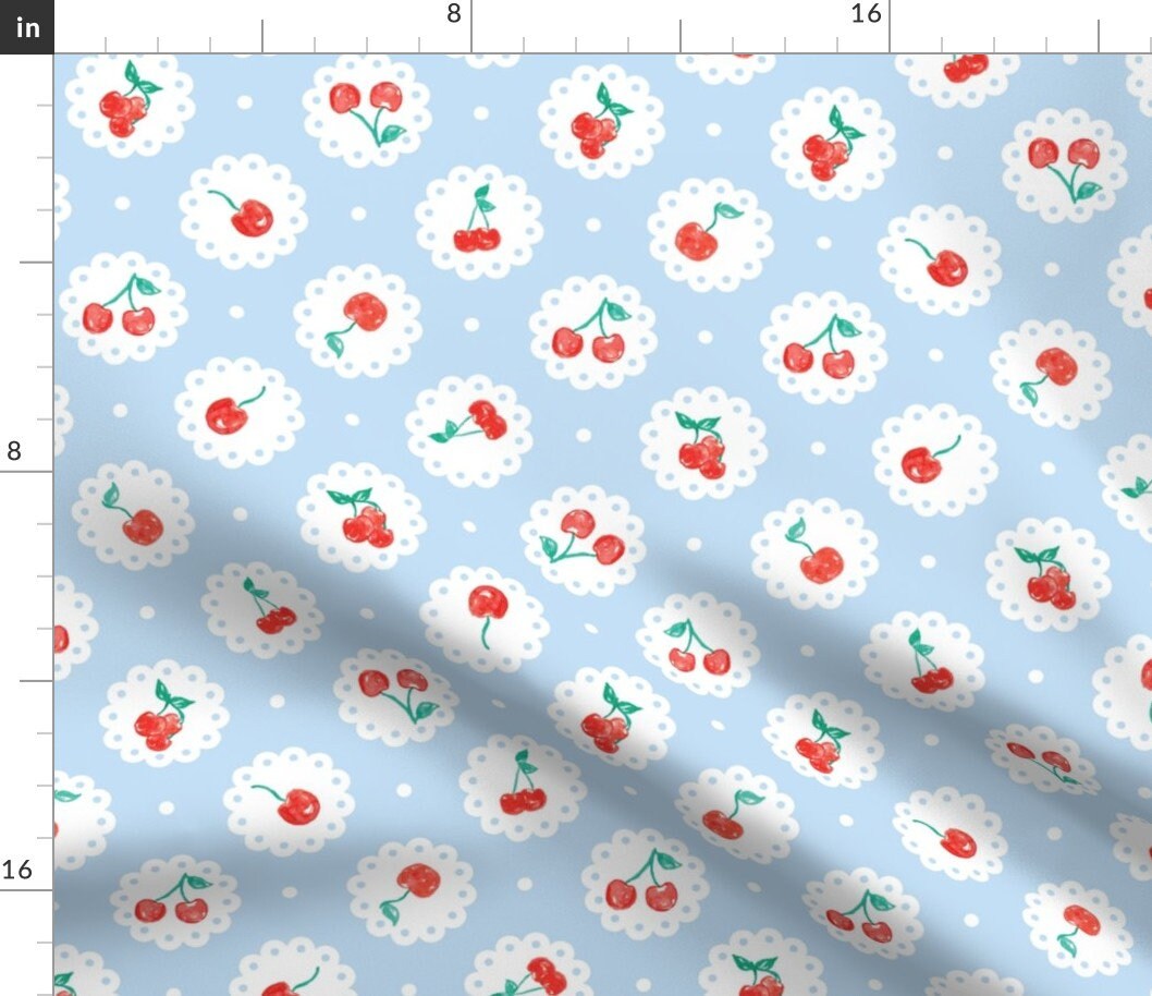 Cherries Fabric Vintage Red Cherries Blue Doily by - Etsy