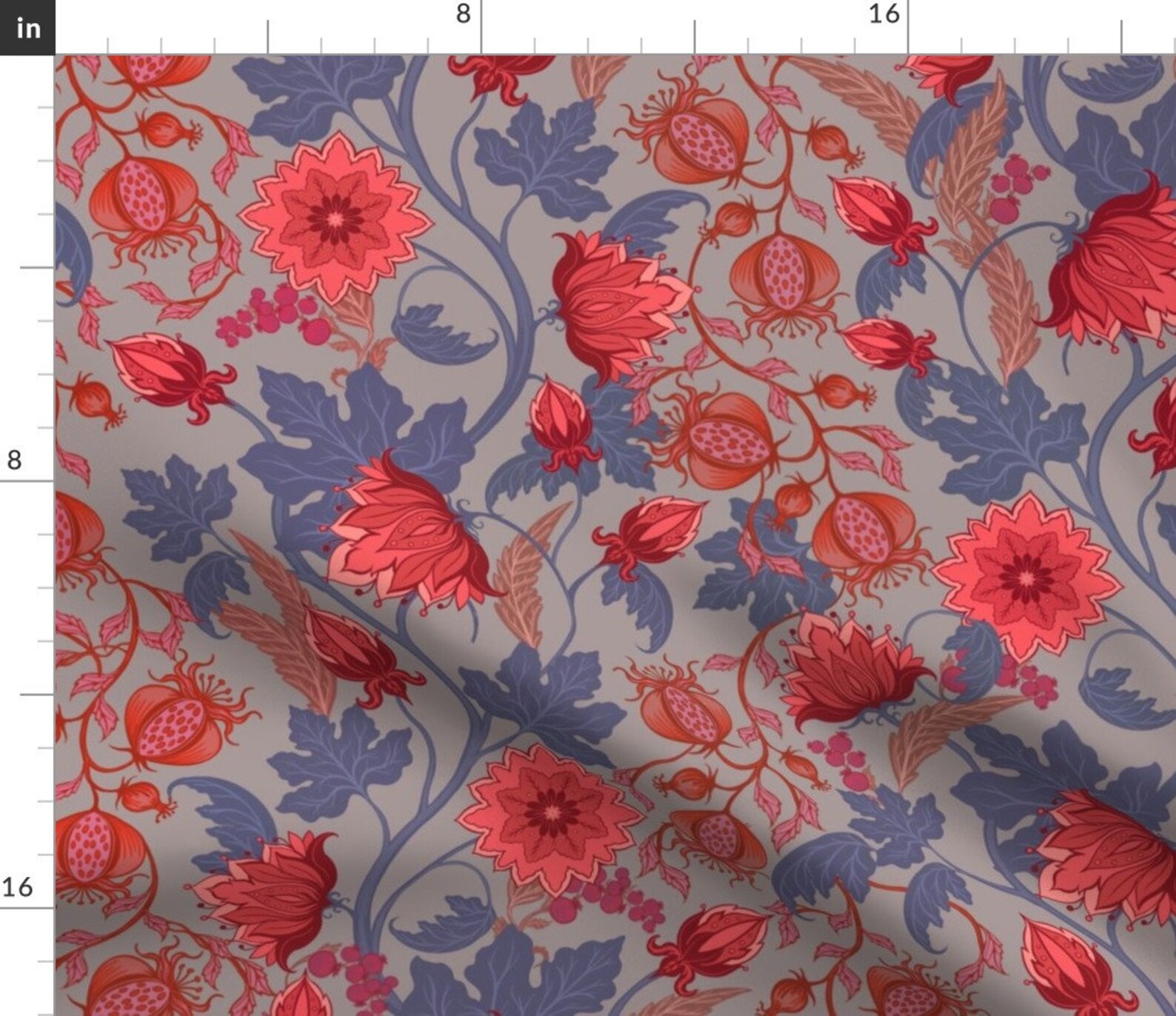 Chintz Red Floral Illustration Fabric Autumn Chintz by - Etsy