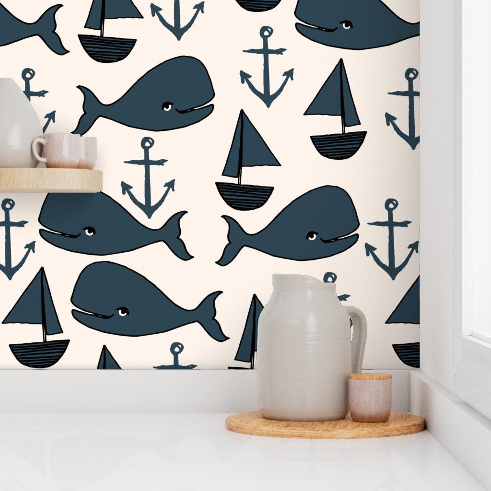 Nautical Whales Wallpaper Dark Navy Blue and Cream by Andrea - Etsy