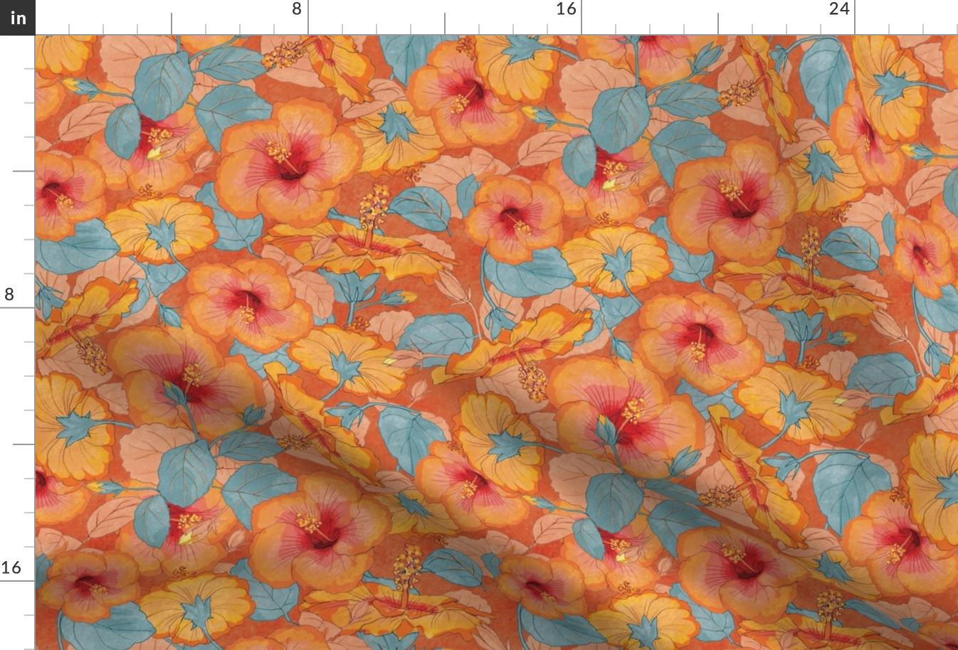 Orange Tropical Floral Fabric - North Shore Summer Surf Hibiscus by ...