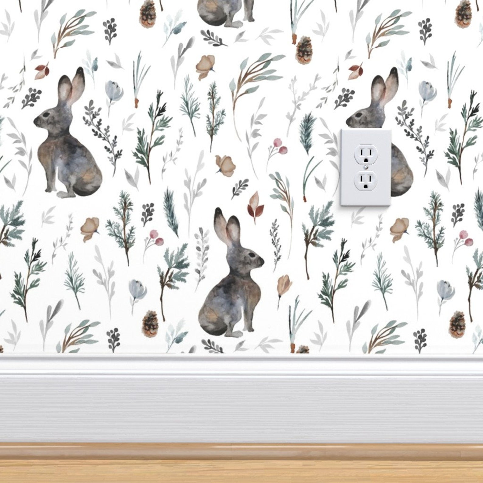 Nursery Wallpaper Woodland Bunnies by Hipkiddesigns White | Etsy