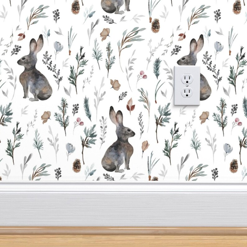 Nursery Wallpaper Woodland Bunnies by Hipkiddesigns White | Etsy