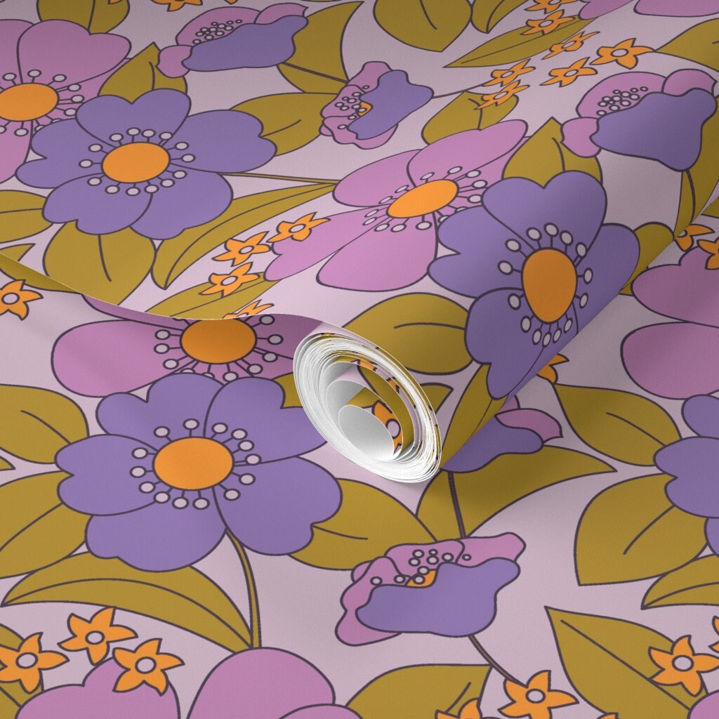 70s Wallpaper Big Floral 70s by Morecandyshop Mauve Purple - Etsy