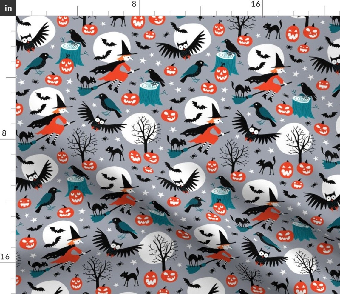 Halloween Fabric Halloween Witches With Full Moon By Heleen | Etsy