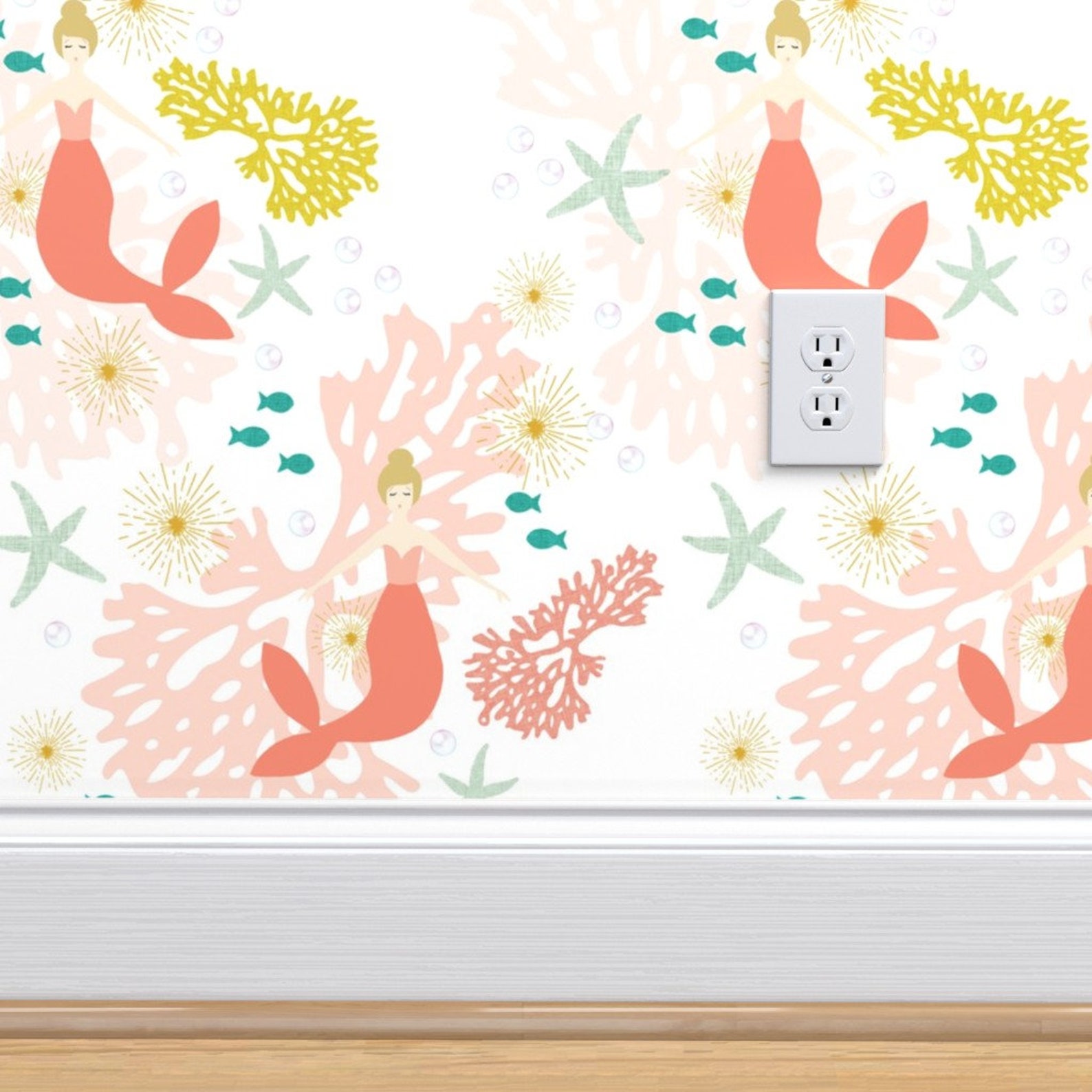 Coral Wallpaper Coral Reef Mermaids Blonde by Ivieclothco | Etsy