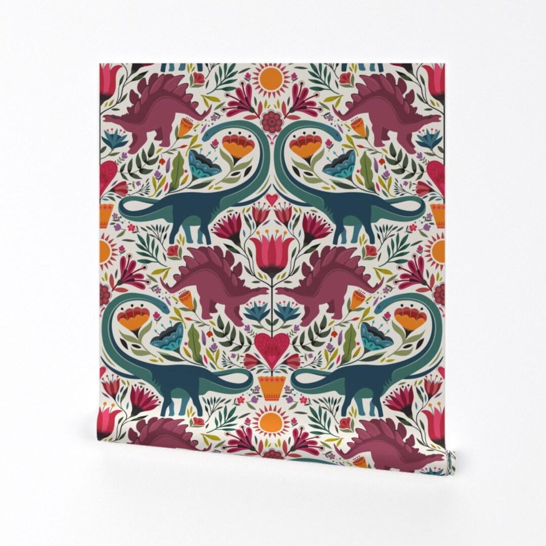 Dinosaur Wallpaper Dino Mask by Geetanjali Teal Maroon Kids Damask ...