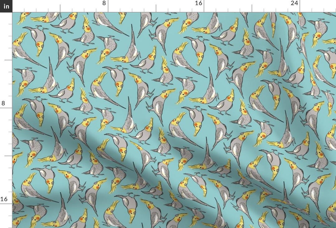 Gray and Yellow Cockatiel Fabric - Watercolor Cockatiel on Light Blue ...