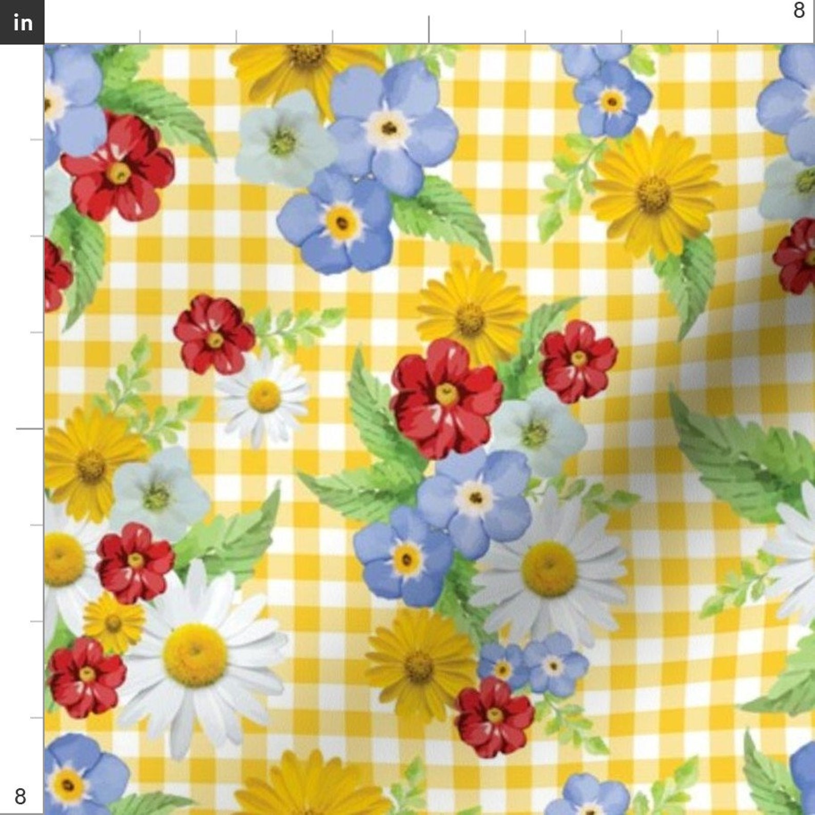 Gingham Flowers Fabric Yellow Gingham Floral by - Etsy