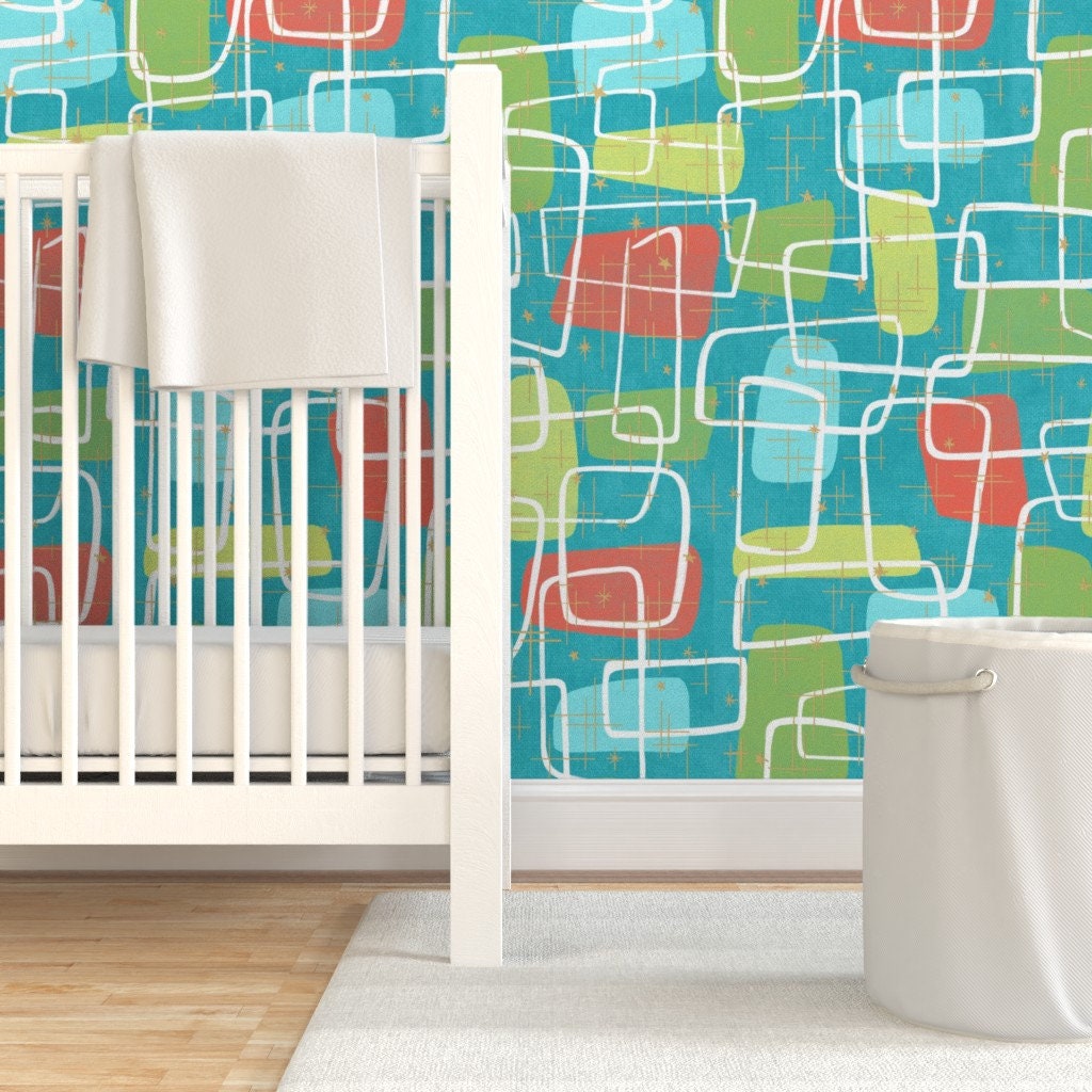 Mid-century Wallpaper Atomic Mcm Grid in Surfside by Raqilu - Etsy