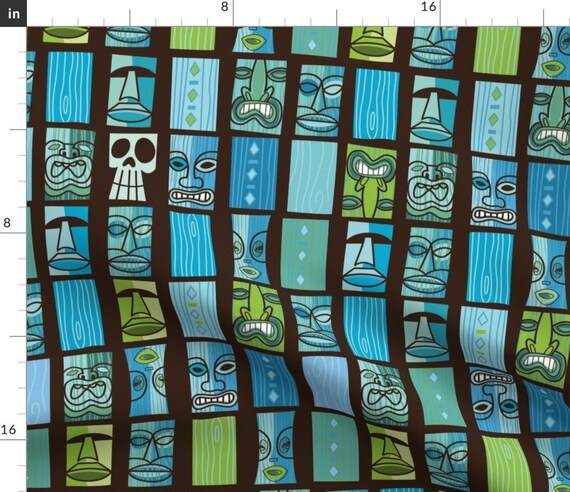 Blue and Green Tiki Fabric Tiki Tiki in the Moonlight by - Etsy
