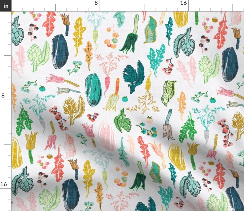 Vegetables Fabric Vegetales Seamless Repeat Taupe Linen by | Etsy