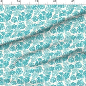 Blue Monstera Fabric Linocut Monstera Blue by Biancagreen Modern ...