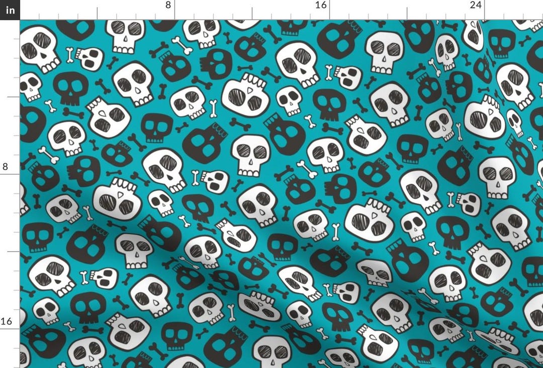 Skull Fabric Skulls and Bones Halloween Black White on Aqua Blue by ...