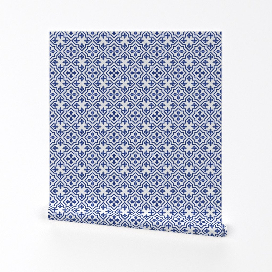 Fleur De Lis Tile Wallpaper Delft Fleur by Lucielou Tiles Blue Geo ...