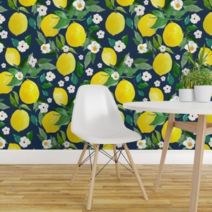 Lemon Wallpaper 8 Lemons Dark Blue Back by Shopcabin - Etsy