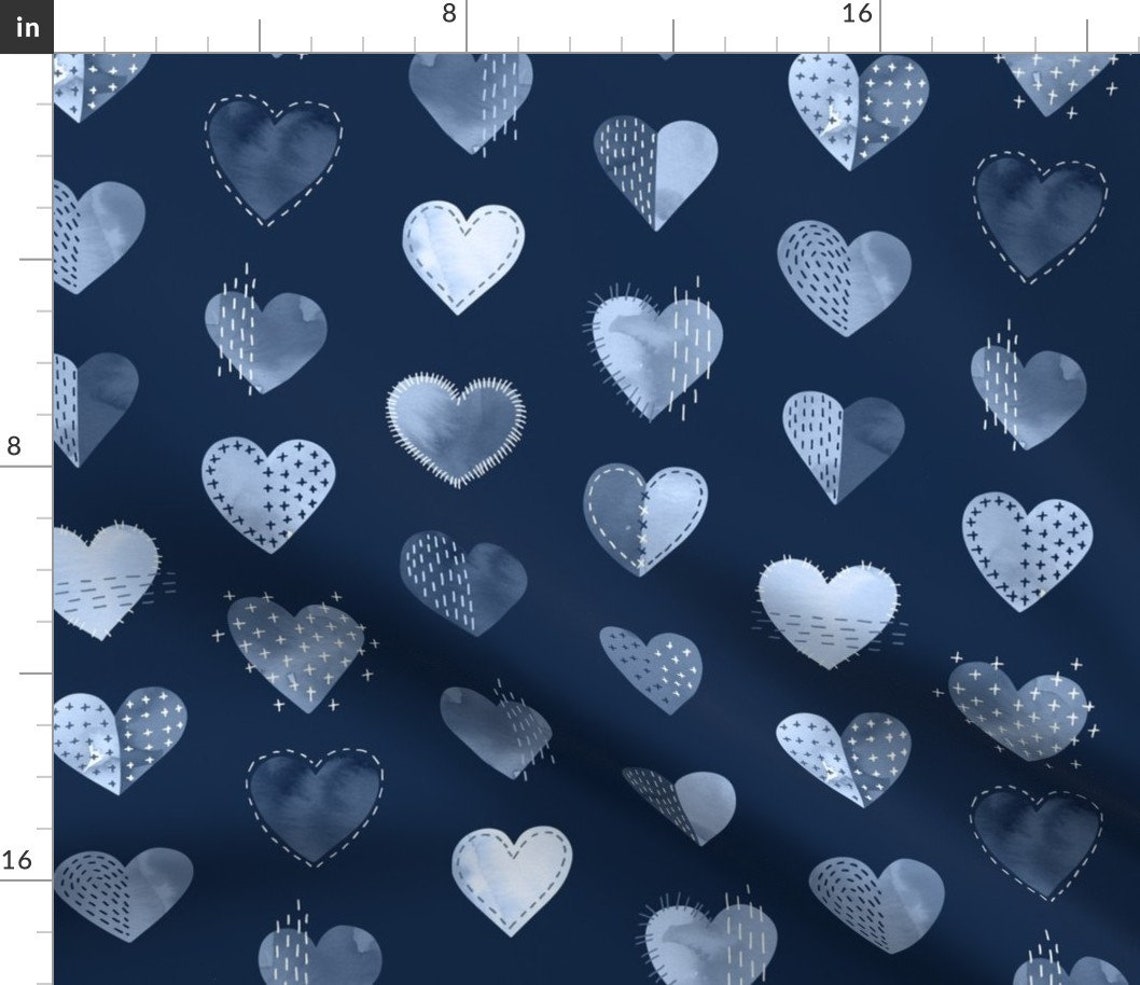 Navy Hearts Valentine's Day Fabric My Boro Heart by | Etsy