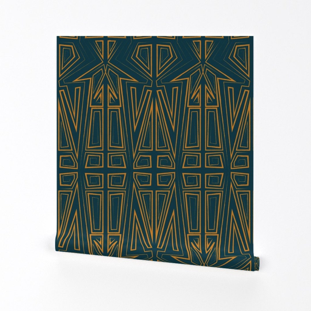 Tribal Wallpaper Five Tribes by Freethebold Teal Yellow Art Deco 1920s ...
