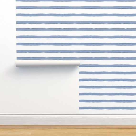 Blue Stripe Wallpaper Blue Watercolor Stripes by - Etsy