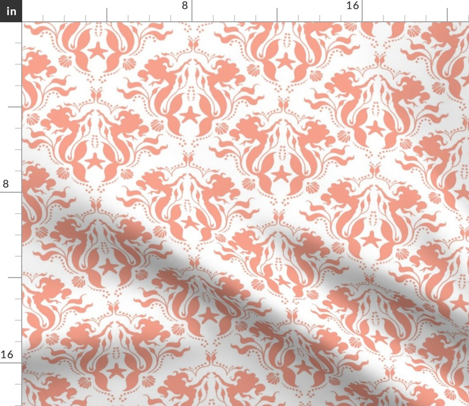 Coral Mermaid Damask Fabric Mermaid Damask Coral-white by | Etsy