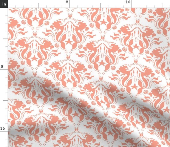Coral Mermaid Damask Fabric Mermaid Damask Coral-white by | Etsy