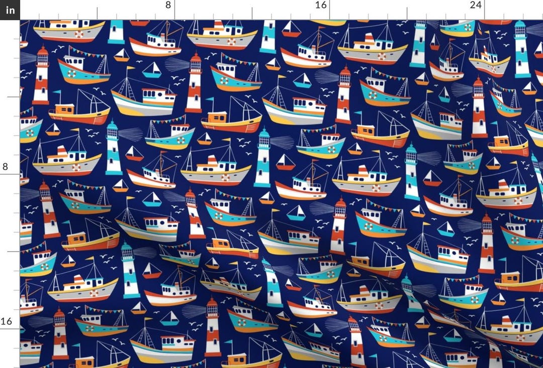 Boat Sailing Blue Nautical Ocean Fabric - Fishing Boats - Dark Blue by ...