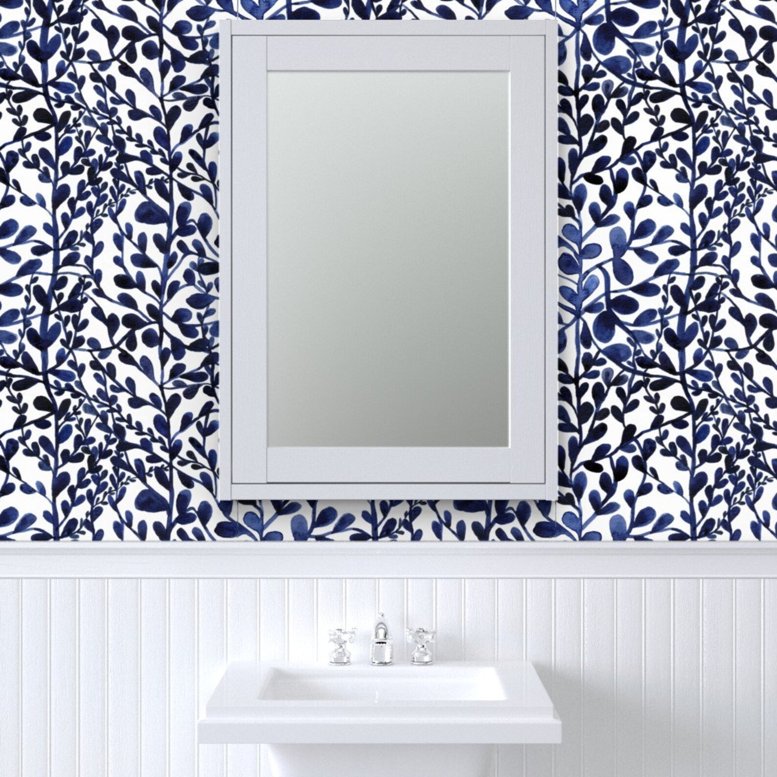 Botanical Wallpaper Navy Floral Leaves by Marjolein in - Etsy