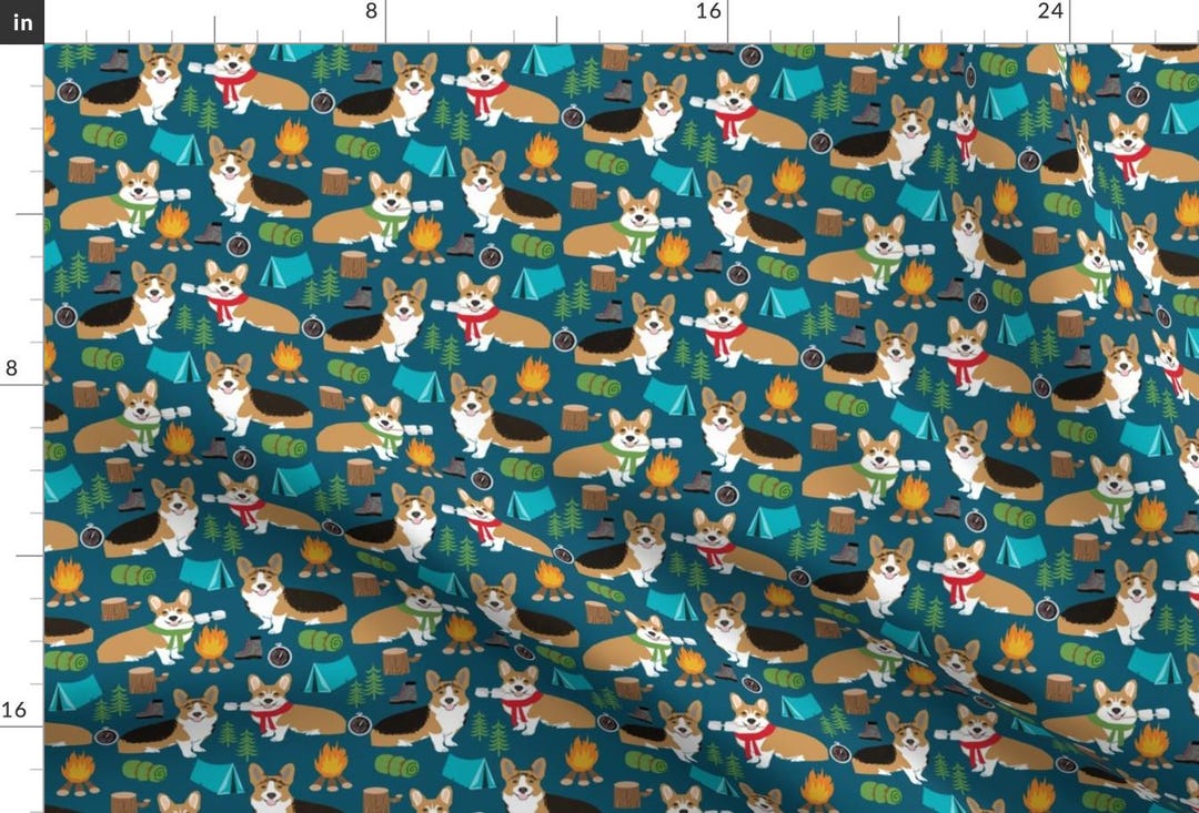Corgi Fabric - Corgi Camping Aspen Campfire Marshmallow Dog Breed Navy ...