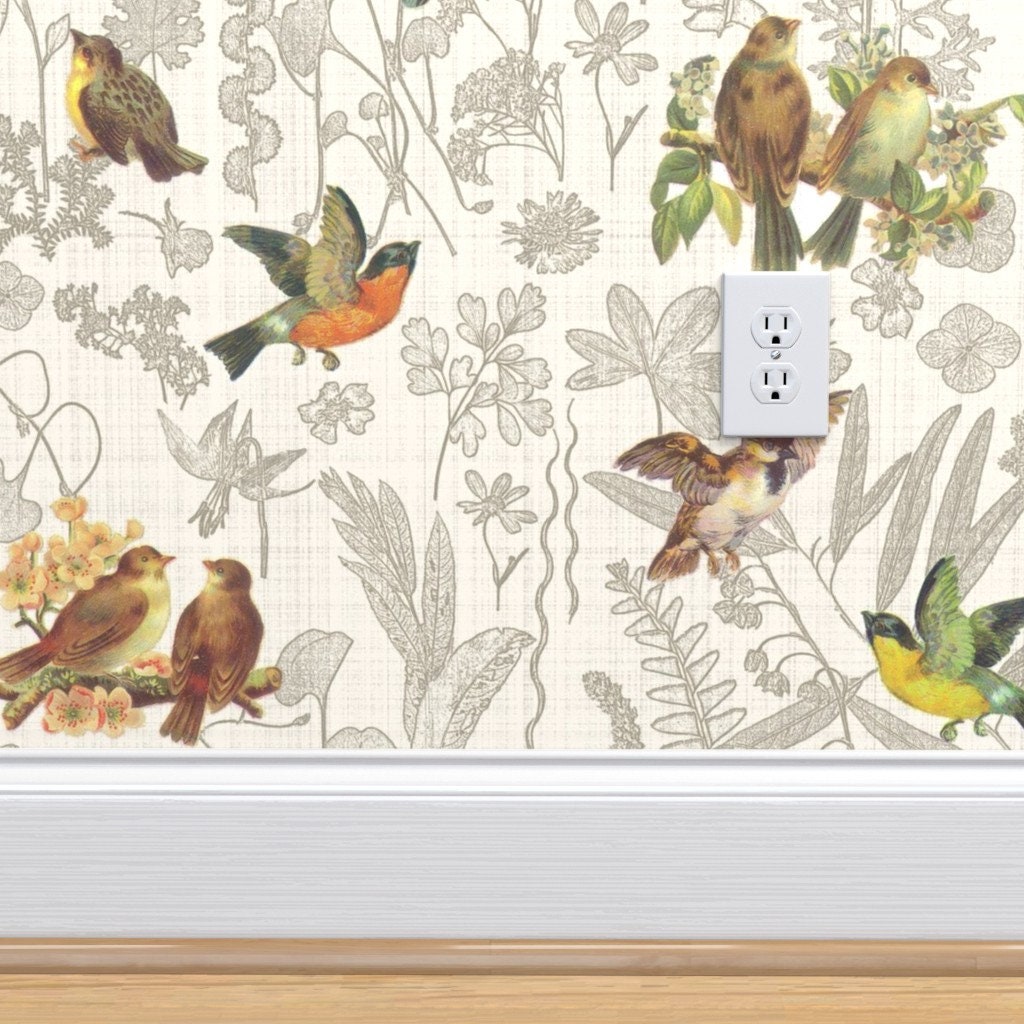 Bird Toile Wallpaper Birds off the Wall Toile Linen by | Etsy