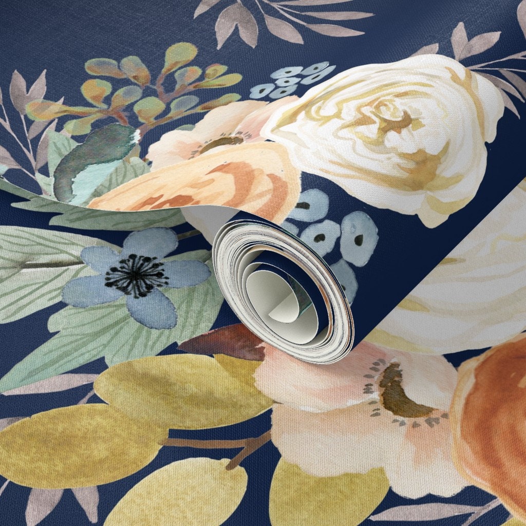 Floral Wallpaper 8 Western Autumn More Florals Navy by - Etsy