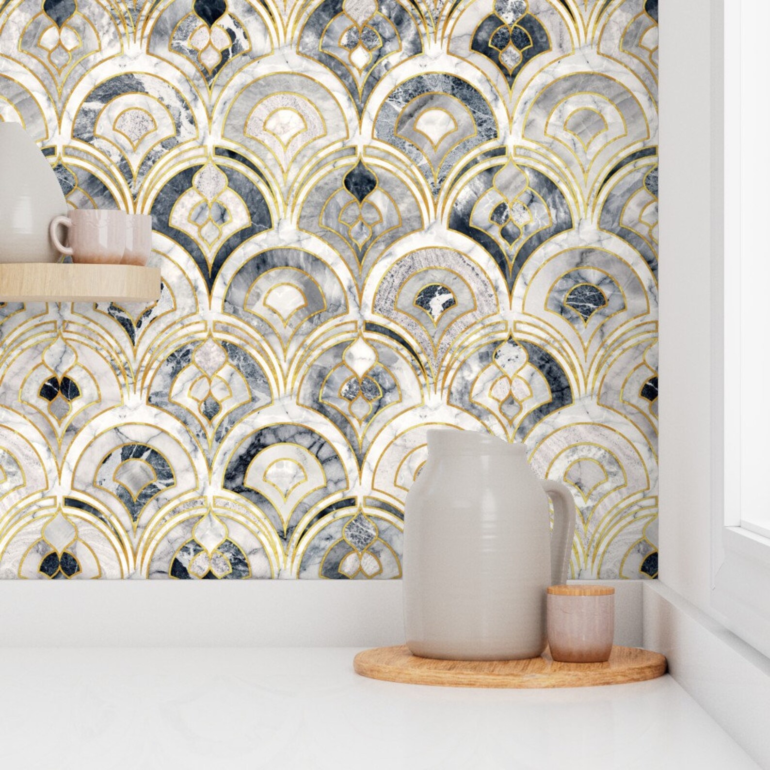 Marble Art Deco Wallpaper Marble Art Deco Tiles in Grey by - Etsy