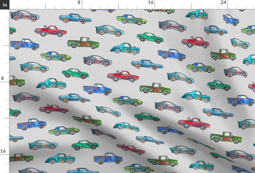 Toy Cars Fabric - Little Toy Cars in Watercolor on Grey by Micklyn ...