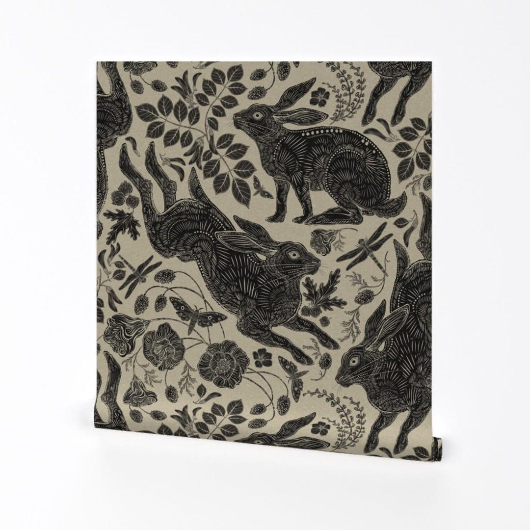 Block Print Bunnies Removable Peel and Stick Wallpaper - Linocut ...
