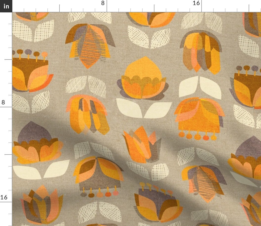 Retro Floral Fabric Mid Century Flowers Orange Grey Large By | Etsy