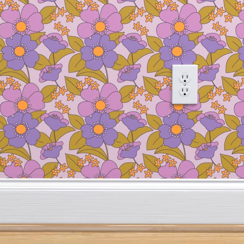 70s Wallpaper Big Floral 70s by Morecandyshop Mauve Purple | Etsy
