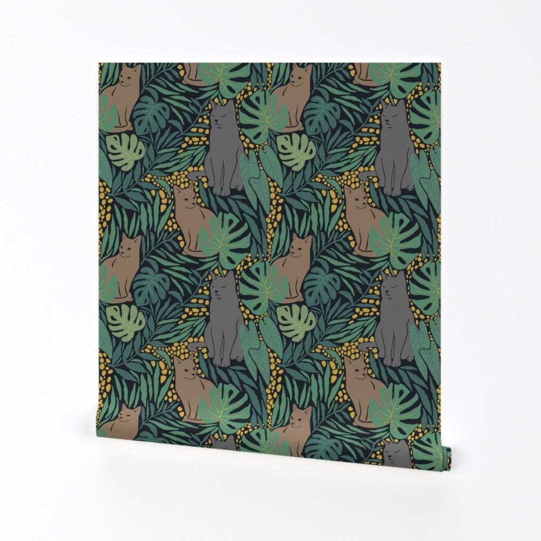 Cat Removable Peel and Stick Wallpaper - Cats Tropical Floral Grey Cat ...
