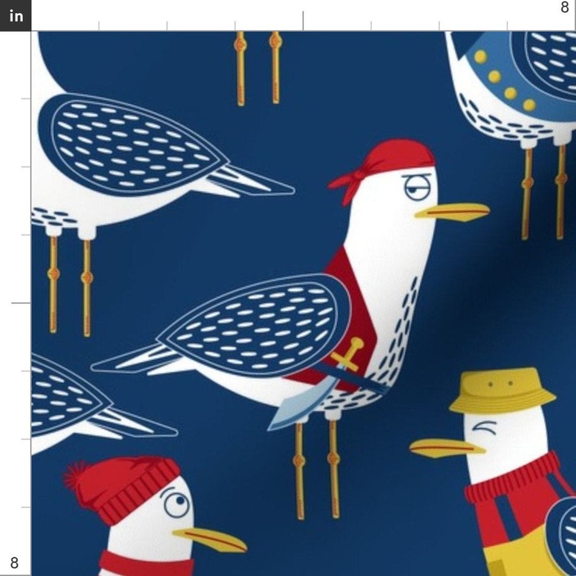 Blue Crazy Seagull Nautical Ocean Fabric Seagull Surprise | Etsy