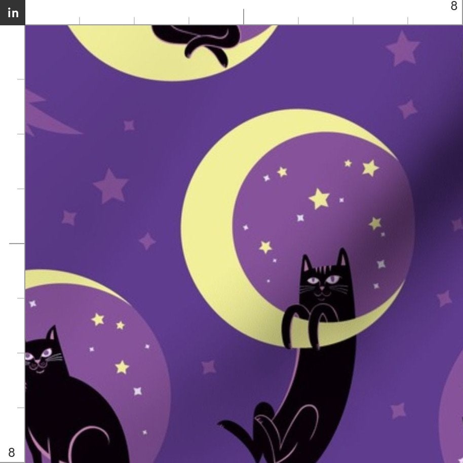 Moon Cats Fabric Moonlight Cats In Purple Sky By Pinkowlet | Etsy