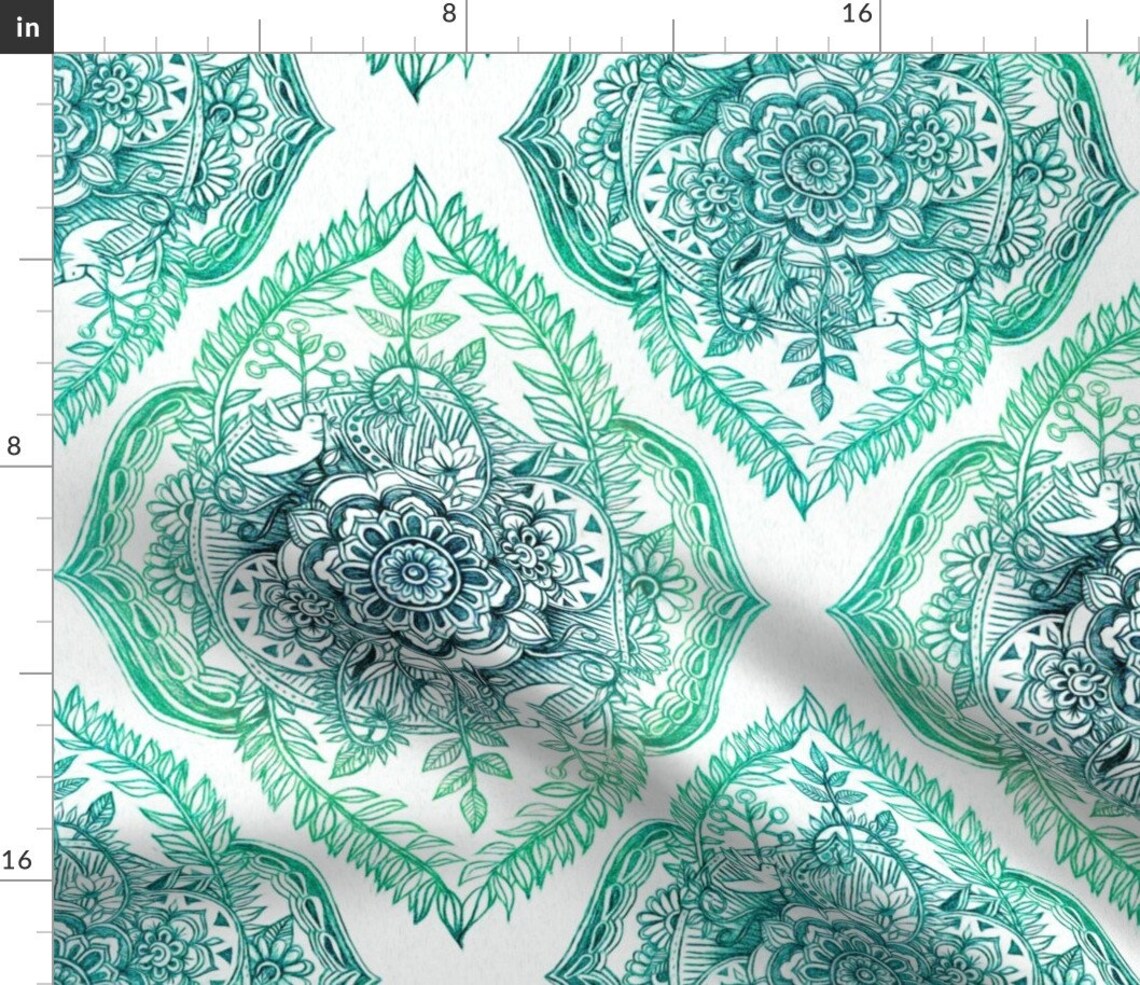 Emerald Fabric Indian Ink Floral Doodle in Emerald Green by | Etsy