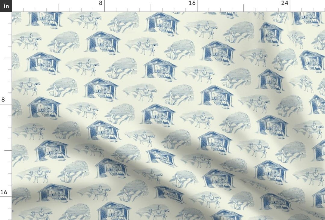 Blue Nativity Toile Fabric - Blue Nativity Toile by Zab_butler - White ...