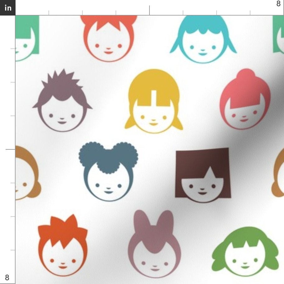 Faces Fabric Colorful Faces By Mintparcel Faces Heads | Etsy