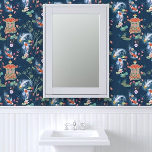 Japanese Wallpaper Japanese Water Garden Navy by Designed by - Etsy