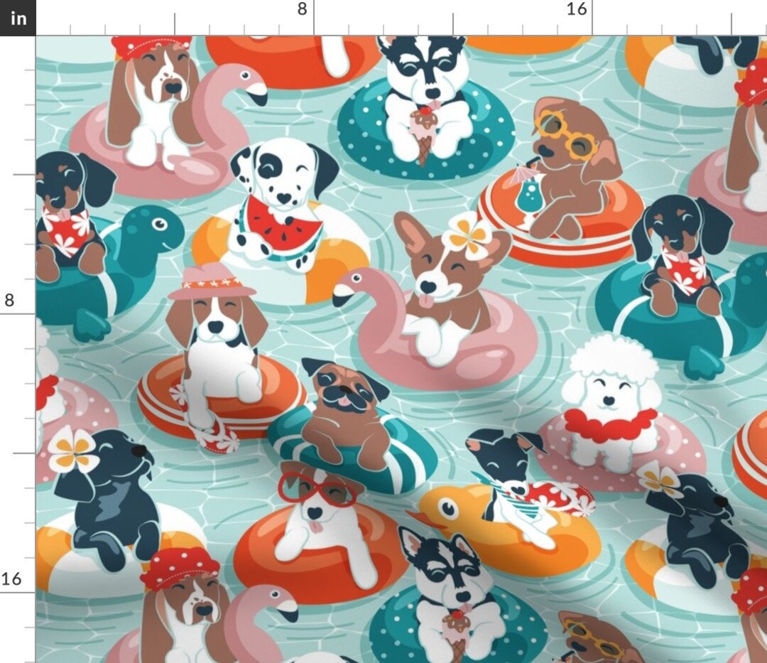 Dog Breeds Fabric Summer Pool Pawty by Selmacardoso Aqua Orange ...