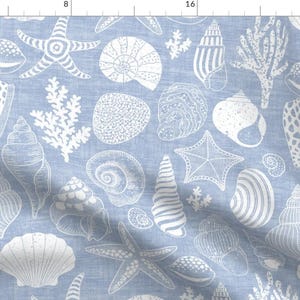 Nautical Seashell Fabric - Coastal Treasures by Kimsa - Coral Starfish ...